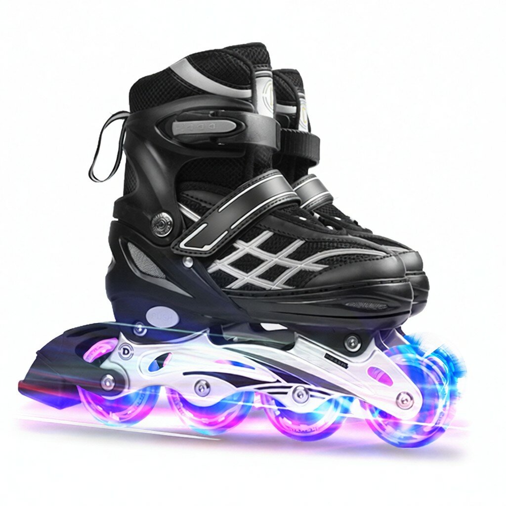 Ролики встроенные регулируемые с светящимися колесами для детей и подростков, ролики встроенные для девочек и мальчиков, цвет: черный / синий / розовый, размер: S / M / L, S для 28-33, M для 34-37, L для 38-41, диаметр колеса: 70мм, материал: ПП + ПУ +
