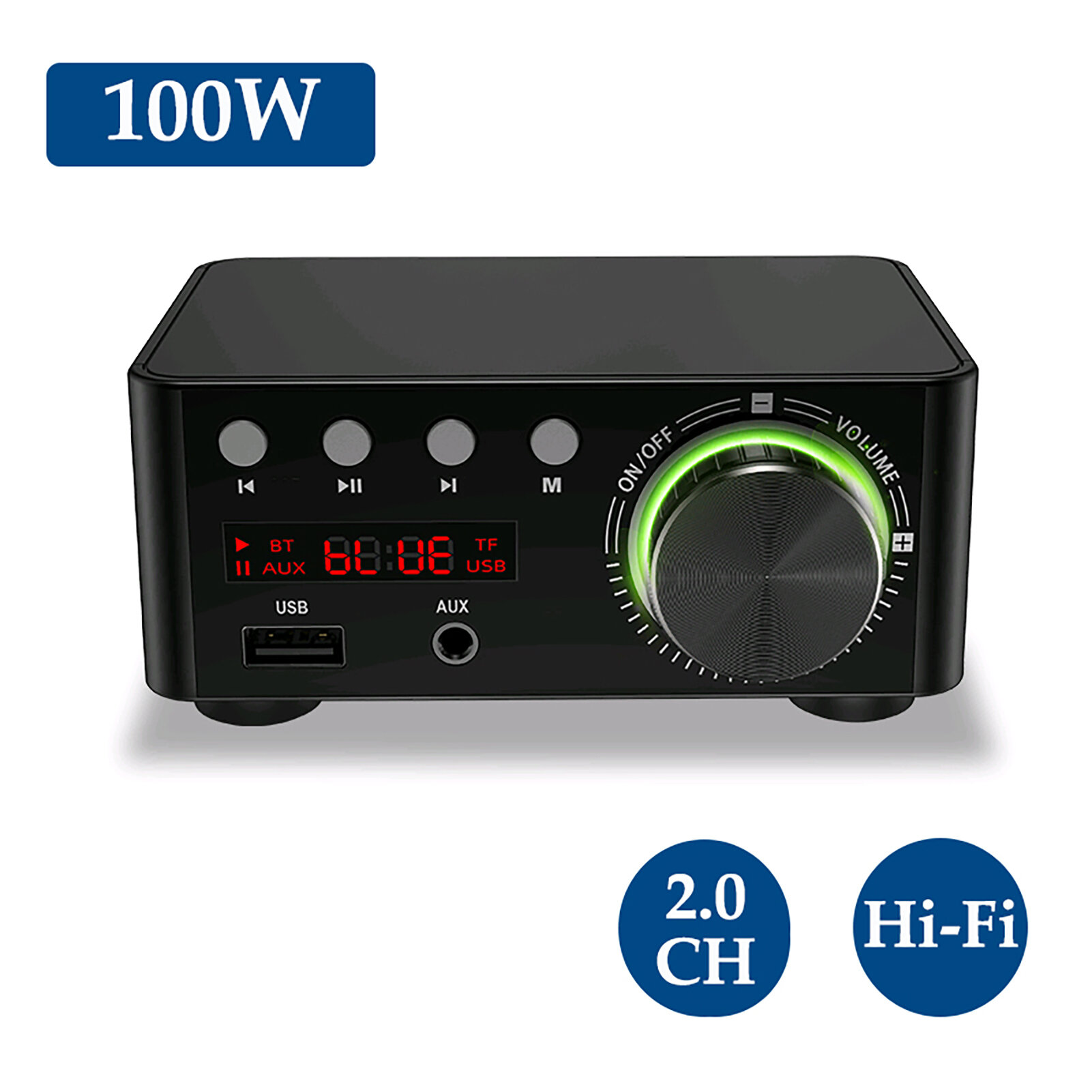 Hifi Bt5.0 цифровой усилитель мини -стерео аудио -AMP 100W Двухнальный звуковой звук звуковой приемник Stereo Amp USB Aux для домашнего кинотеатра USB Card Players Black