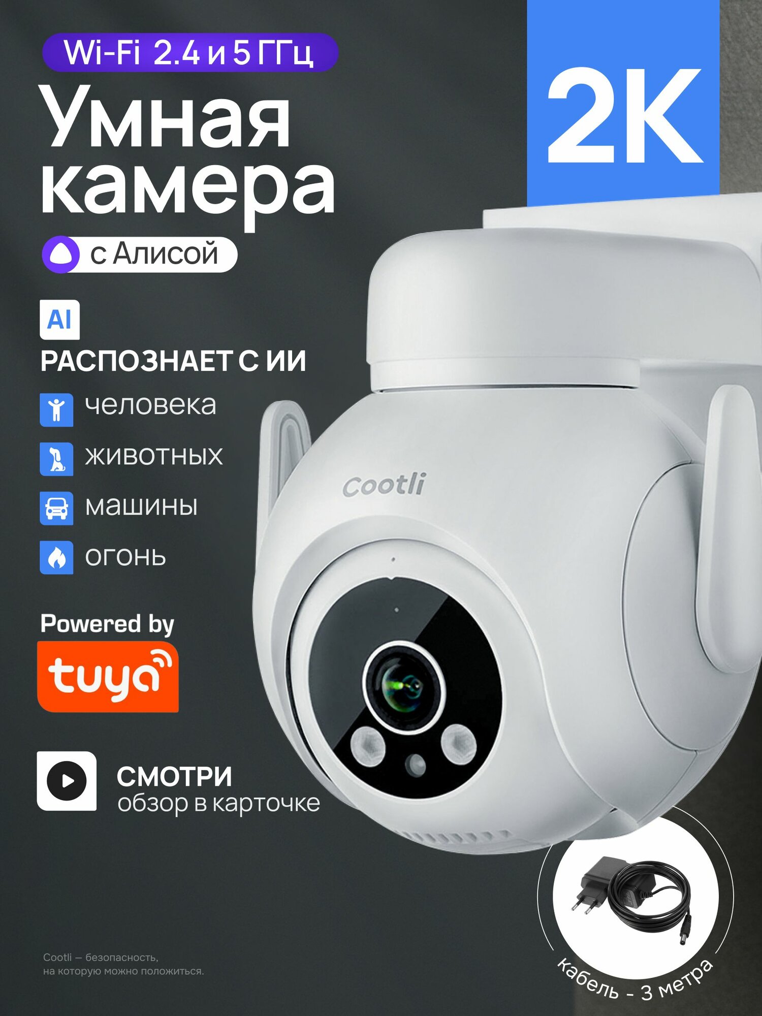 Камера видеонаблюдения WiFi уличная в 2К (2.4+5 ГГц), умная, с Яндекс Алисой (CI-OIWF218)