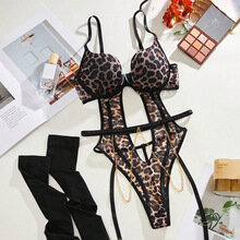 Сексуальный комплект нижнего белья с леопардовым принтом: боди, гетры и чулки с металлическими цепочками для ролевых игр. Леопардовый принт.