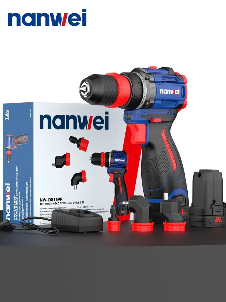 Электрическая дрель NANWEI 4 в 1 с несколькими головками Бесщеточный двигатель 16 В, 45 Нм(Батарея 2.0ahx2)