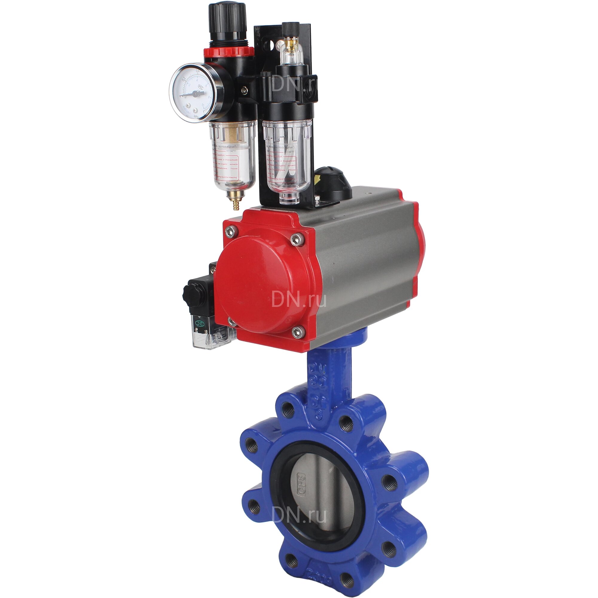 Затвор дисковый поворотный DN. ru QT450-304-NBR-2W-Fb-H Ду80 Ру16 корпус - чугун QT450, диск - нержавеющая сталь 304, уплотнение - NBR, межфланцевый, с пневмоприводом DA-083, пневмораспределителем PND2-S1EM-52-1NC-J08-220VAC и БПВ APU1-10-40-V08