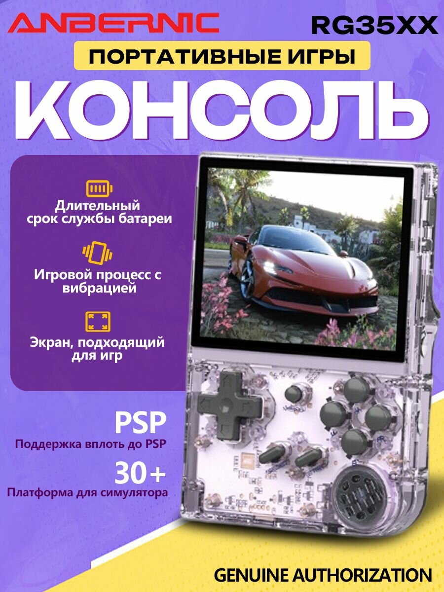 Портативная игровая консоль, Anbernic RG35XX, Purple прозрачная, 64 GB новая версия 2024, Аркадная игра с открытым исходным кодом