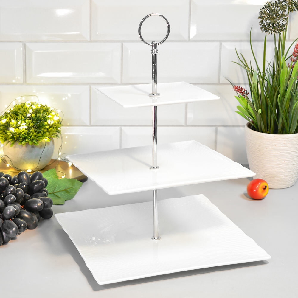 Этажерка 3-ярусная фарфоровая Sam&Squito Quadro, белая, 135/210/250 мм, серия HoReCa