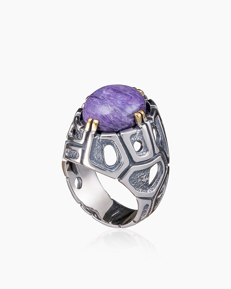Кольцо широкое, серебро, 925 проба, чароит