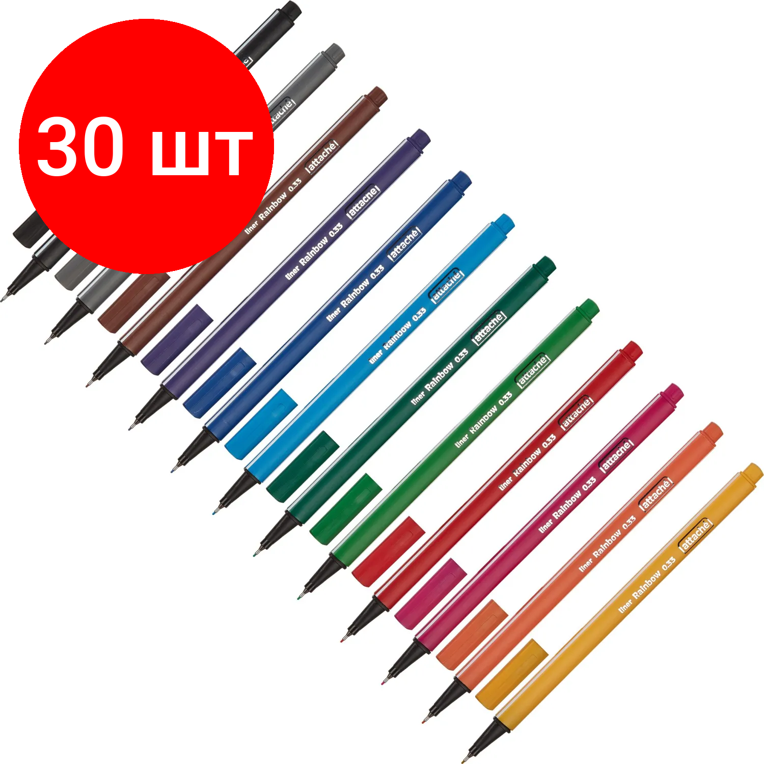 Комплект 30 упаковок, Линер Attache Rainbow 12цв/набор 0.33 мм трехгран. корпус