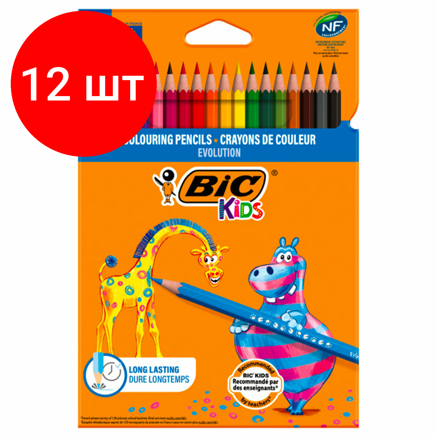 Комплект 12 шт, Карандаши цветные BIC "Kids ECOlutions Evolution", 18 цветов, пластиковые, заточенные, европодвес, 937513