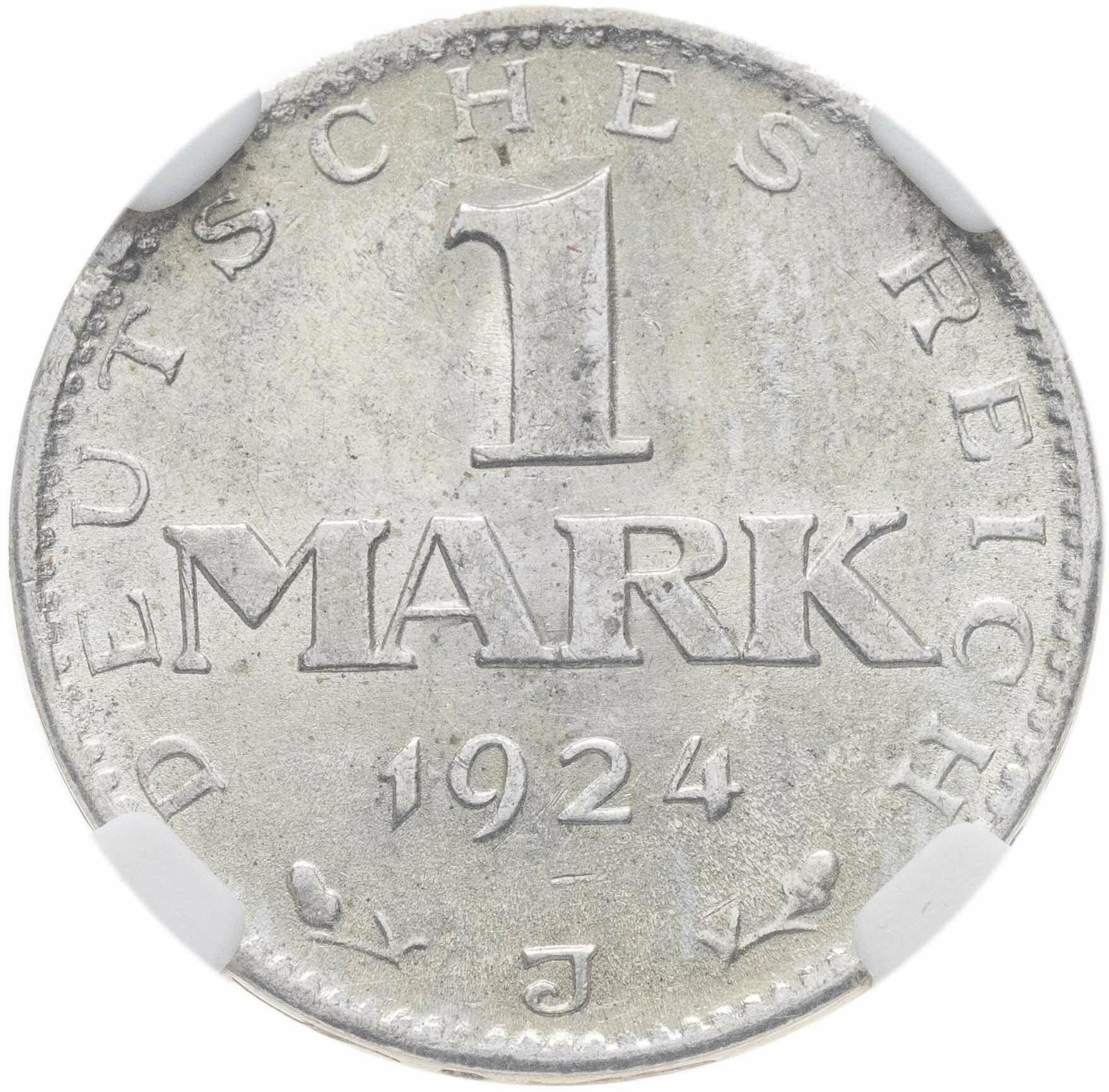Германия 1 марка 1924 J знак монетного двора "J" — Гамбург в слабе DNC MS62, Алюминий 500