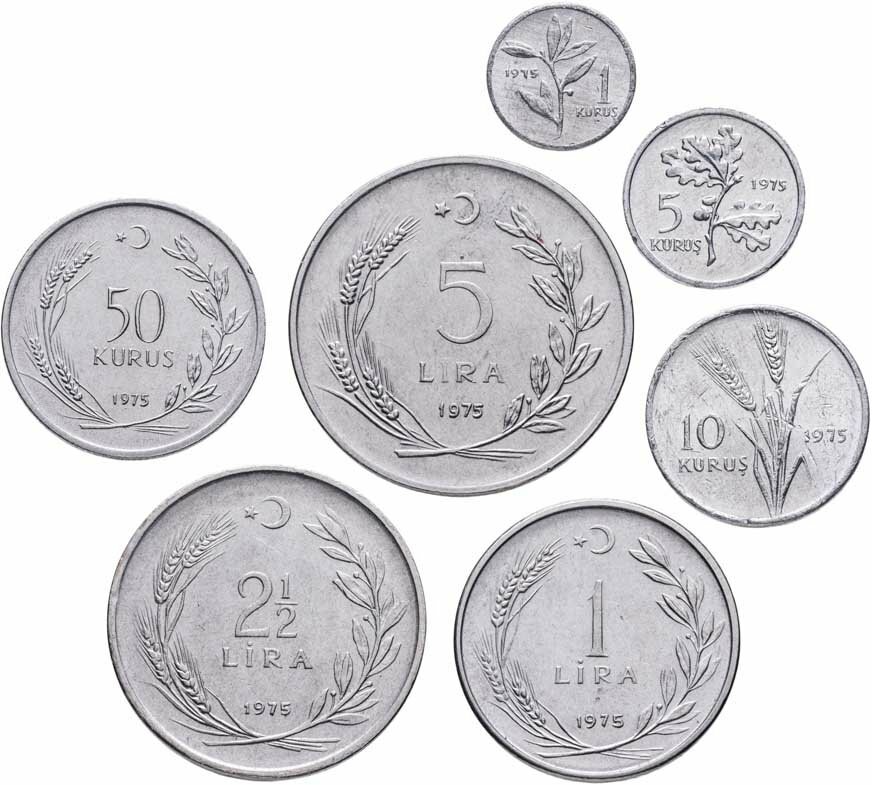 Турция полный годовой набор монет для обращения 1975 7 штук, Алюминий, Нержавеющая сталь, в сохранности VF-AU