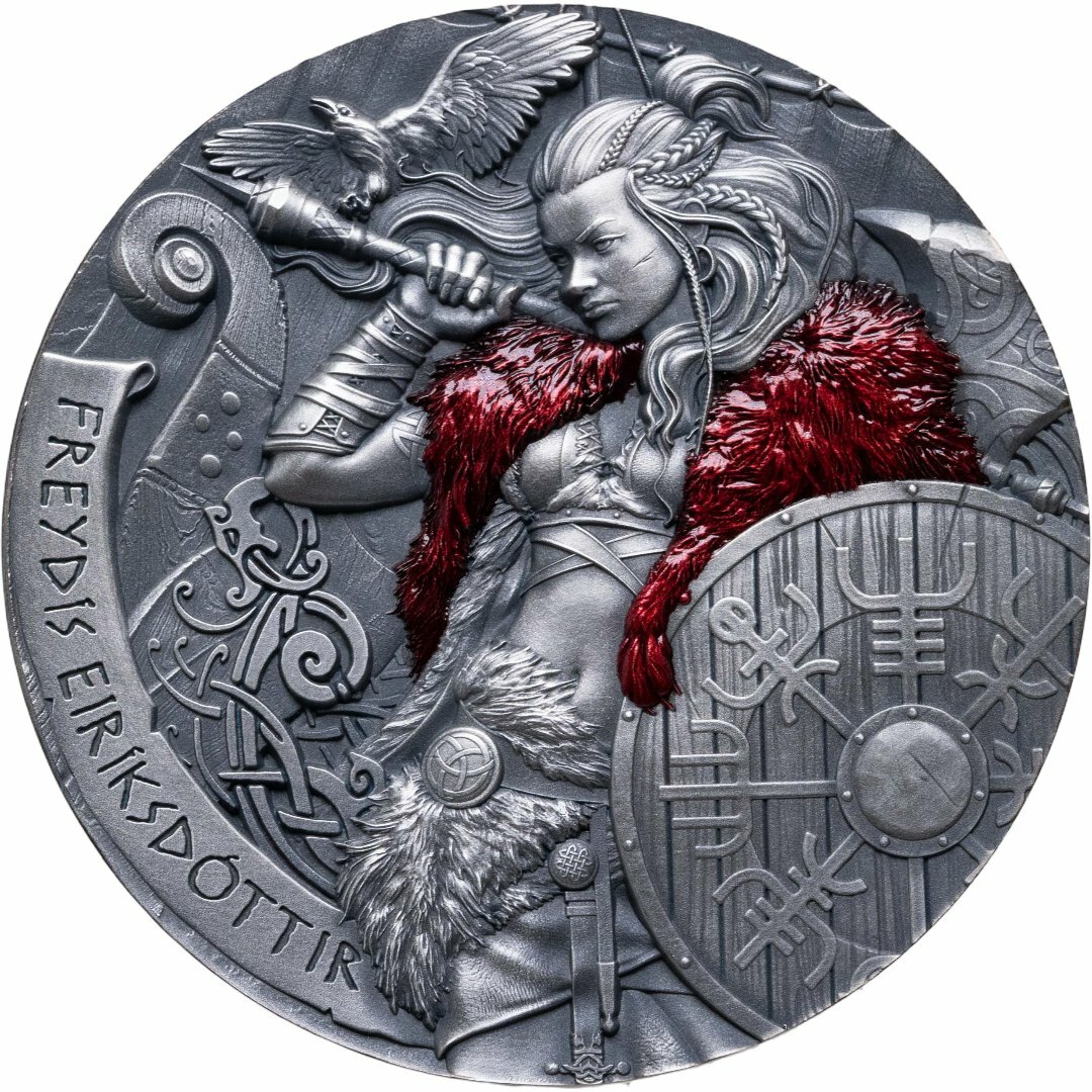 Камерун 2000 франков 2024 "Викинг Фрейдис Эриксдоттир" в футляре с сертификатом, Серебро 999, в сохранности UNC