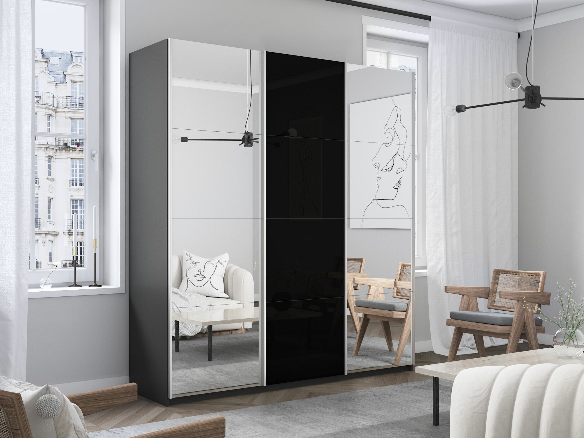 Шкаф-купе Билли 3-х дверный, (2 Зеркала/Стекло черн.) 210х57х230 см. Серый диамант