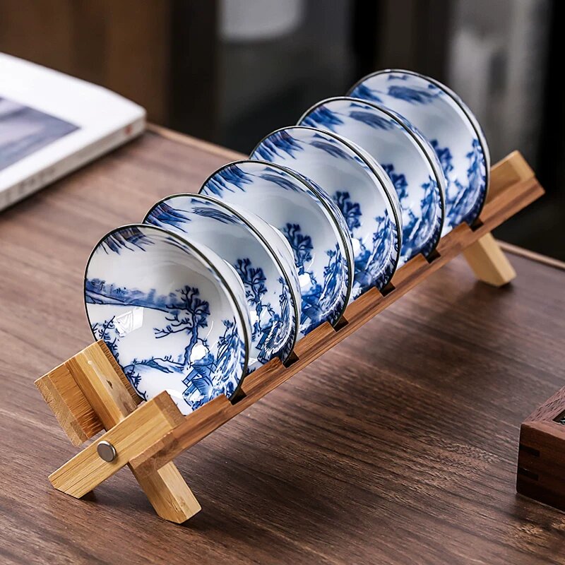 Сине-белые конические чашки для кунг-фу чая, набор из 6 штук с подставкой, керамические чашки с полноцветной имитацией