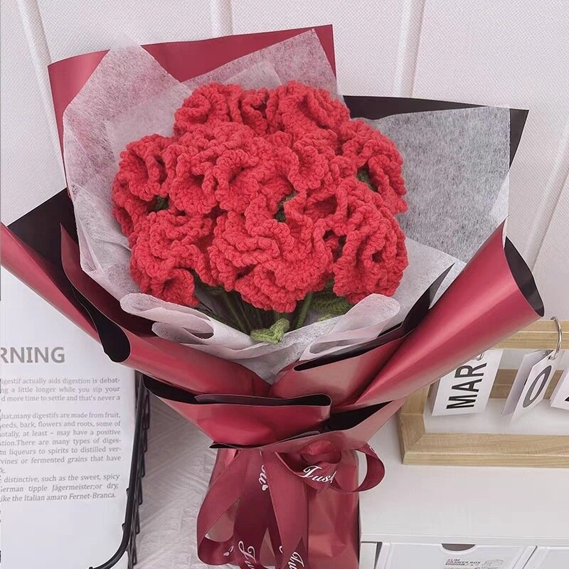 Вязаный букет из цветов, готовый вязаный букет, искусственные цветы, ручная работа, супер большой букет, подарок для девушки на День святого Валентина, день рождения