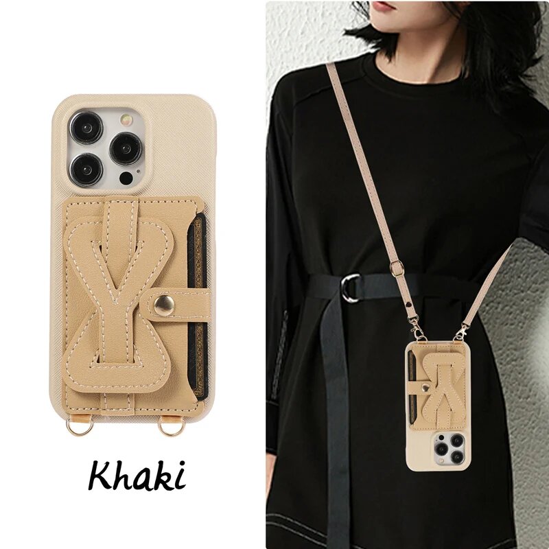 Чехол-кошелек с ремешком через плечо для iPhone 16, 16Pro Max, 14, 15 Pro, 13, 12, кожаный Карманный держатель для карт, наплечный ремень, задняя крышка Для iPhone 16 Pro Макс, Khaki