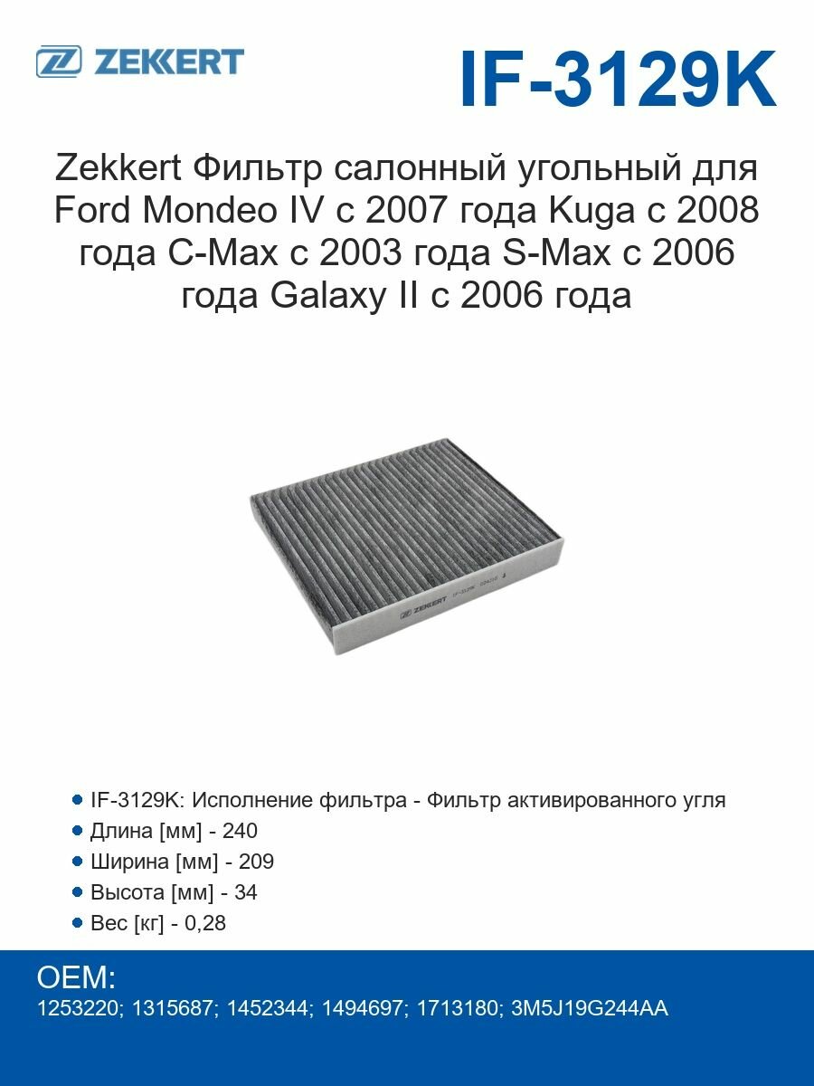 Zekkert Фильтр салонный угольный для Ford Mondeo IV с 2007 года Kuga с 2008 года C-Max с 2003 года S-Max с 2006 года Galaxy II с 2006 года