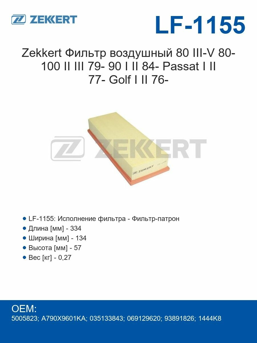 Zekkert Фильтр воздушный 80 III-V 80- 100 II III 79- 90 I II 84- Passat I II 77- Golf I II 76-