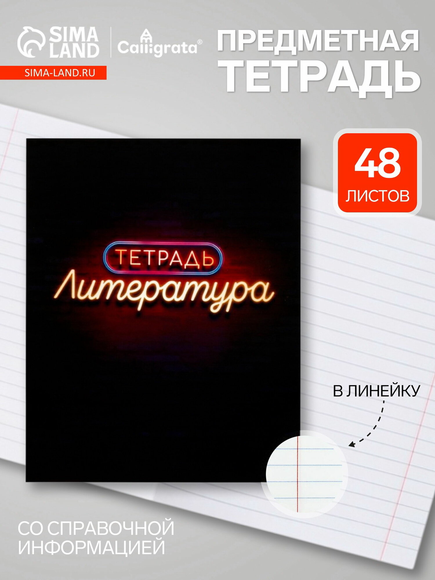 Предметная тетрадь по литературе "Неон", 48 листов, в линейку, со справочным материалом, обложка из мелованного картона, 10 шт.