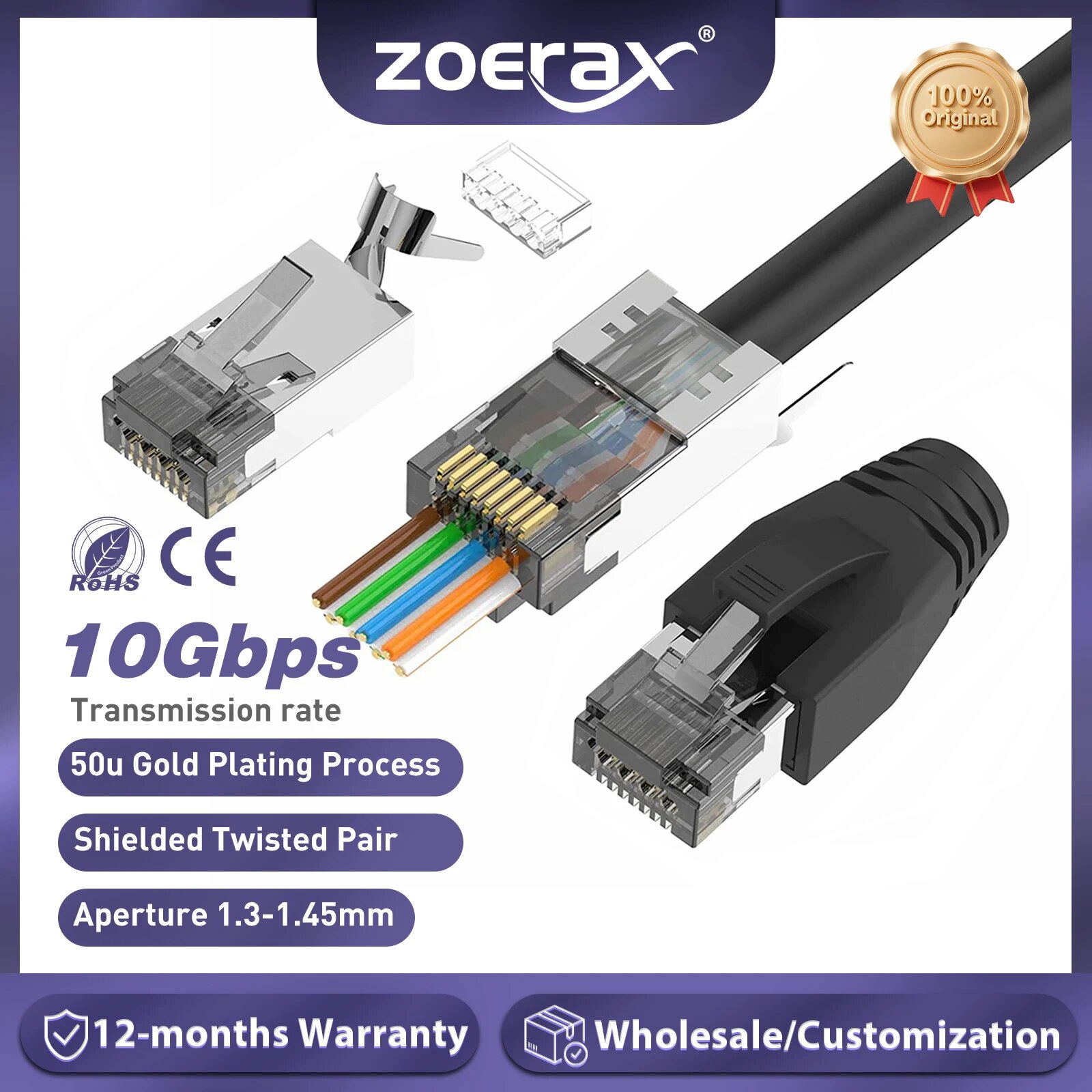 Разъемы ZoeRax CAT6A CAT7, проходные коннекторы RJ45 для CAT6A CAT7, экранированные, 50PCS, Silver
