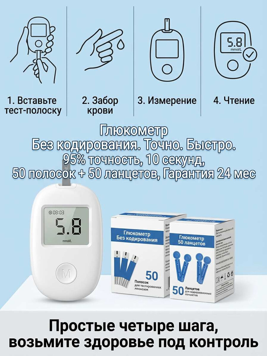 Глюкометр + 50 тест-полосок + ланцетов в наборе, измеритель сахара в крови, мониторинг глюкозы при сахарном диабете