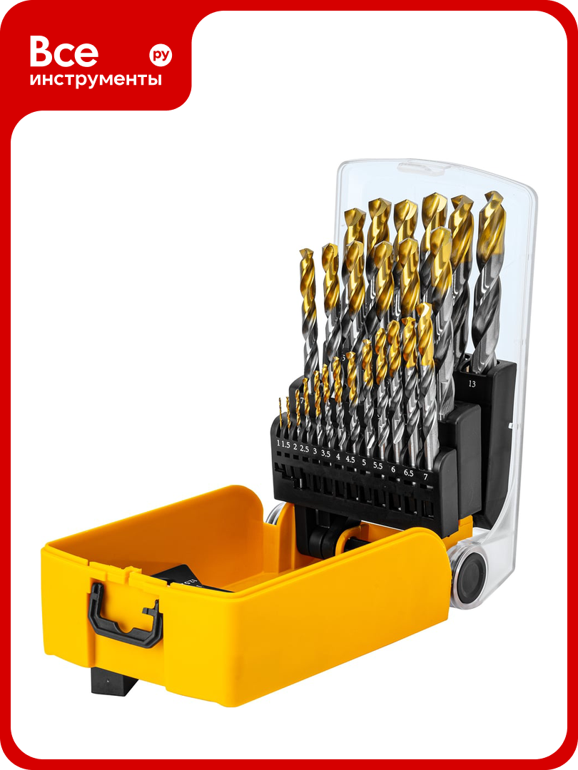 Набор сверл по металлу Denzel 1-13 мм, Р6М5-TiN, Golden Tip, 25 шт 723009