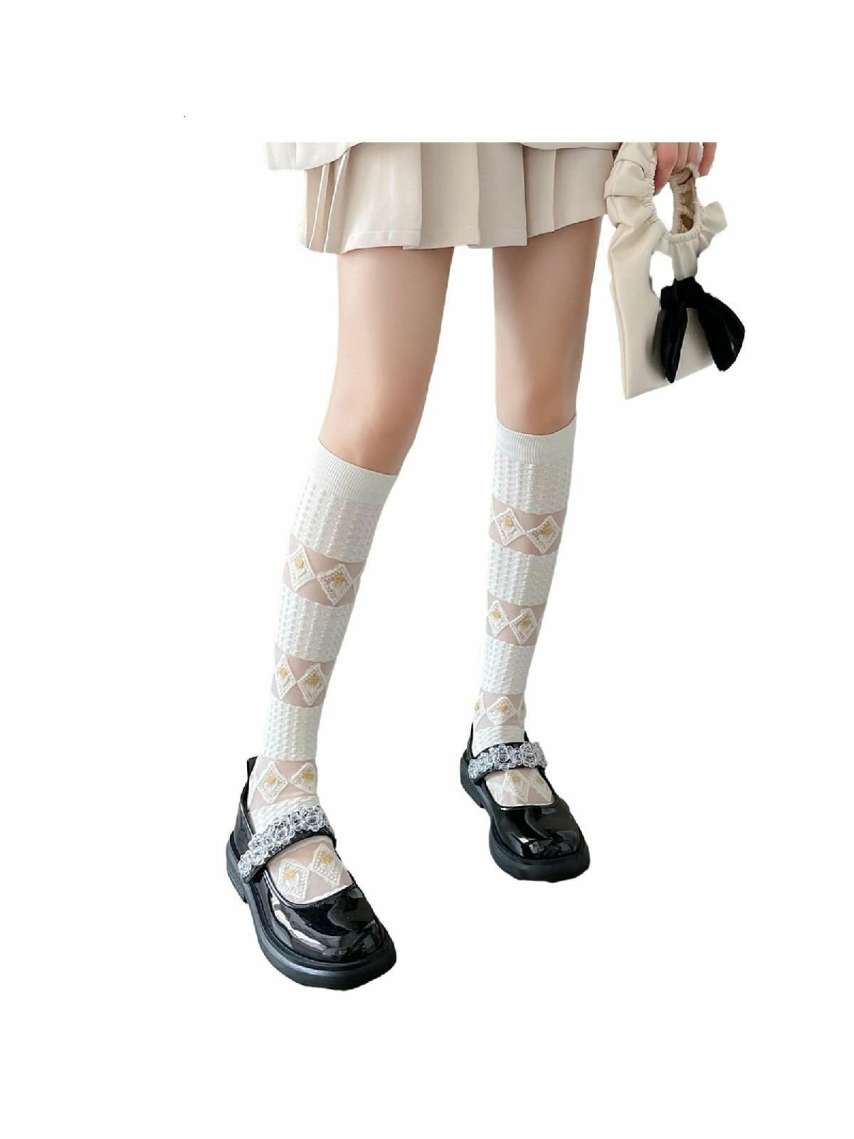 Женские длинные кружевные колготки до колена, Ромб