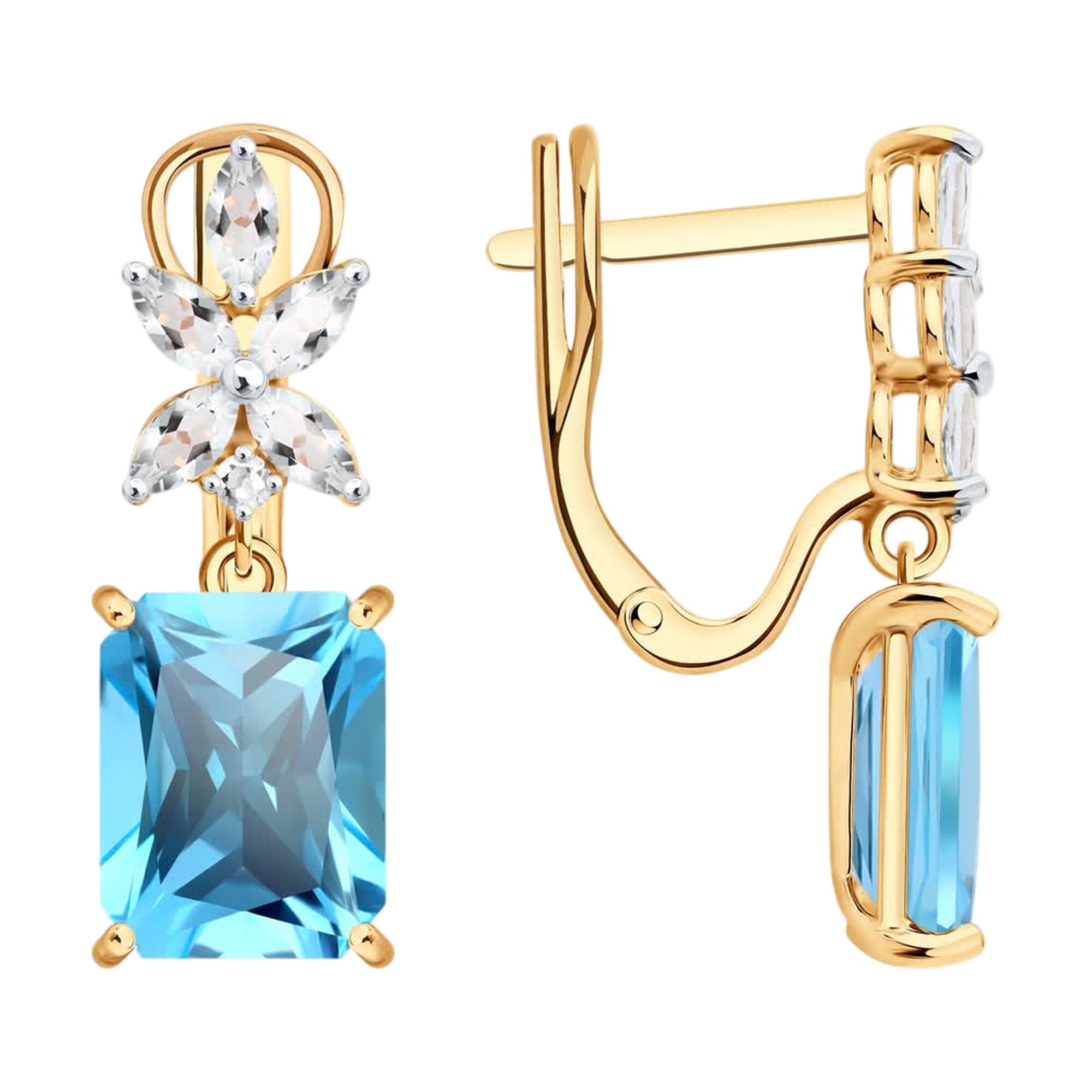 Серьги, красное золото, 585 проба, топаз, горный хрусталь
