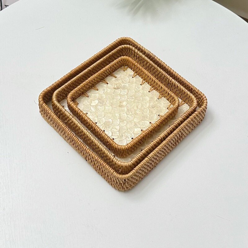 Вьетнамская плетеная тарелка из ротанга с цветными ракушками, скандинавский креативный ручной работы, декоративная тарелка для фруктов, поднос для хранения украшений, поднос для чая, квадратная тарелка