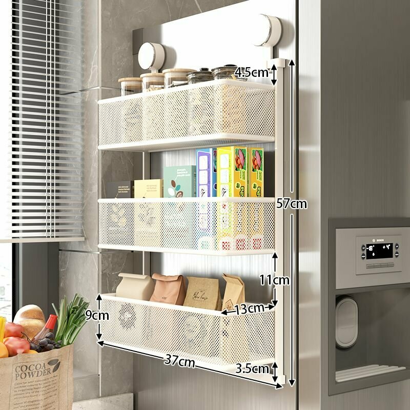 Стеллаж для хранения в холодильнике без сверления, боковой органайзер, многофункциональная настенная полка для специй, присоска, многослойная кухонная полка