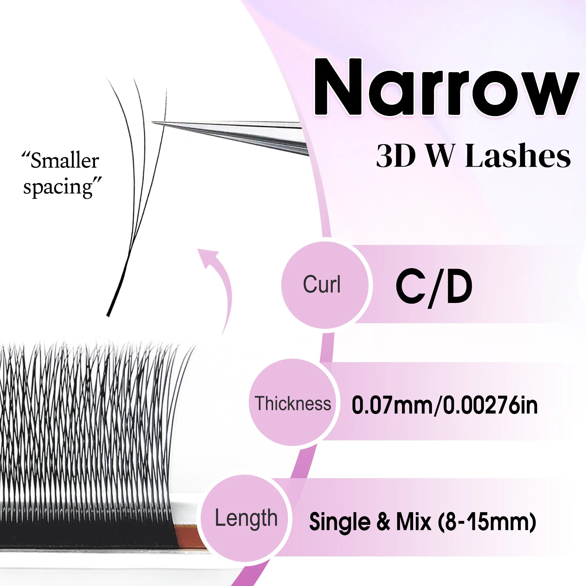 3D W ресницы Narrow, C/D, 0.07mm, Mix 8-15mm