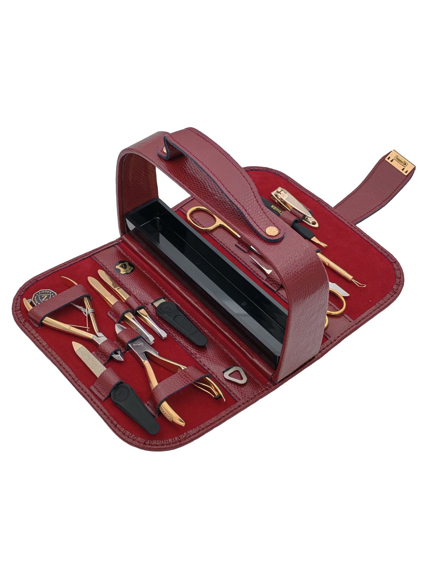 Маникюрный набор Zinger MS-1101 BG, 12 предметов, натуральная кожа, позолоченный/малиновый
