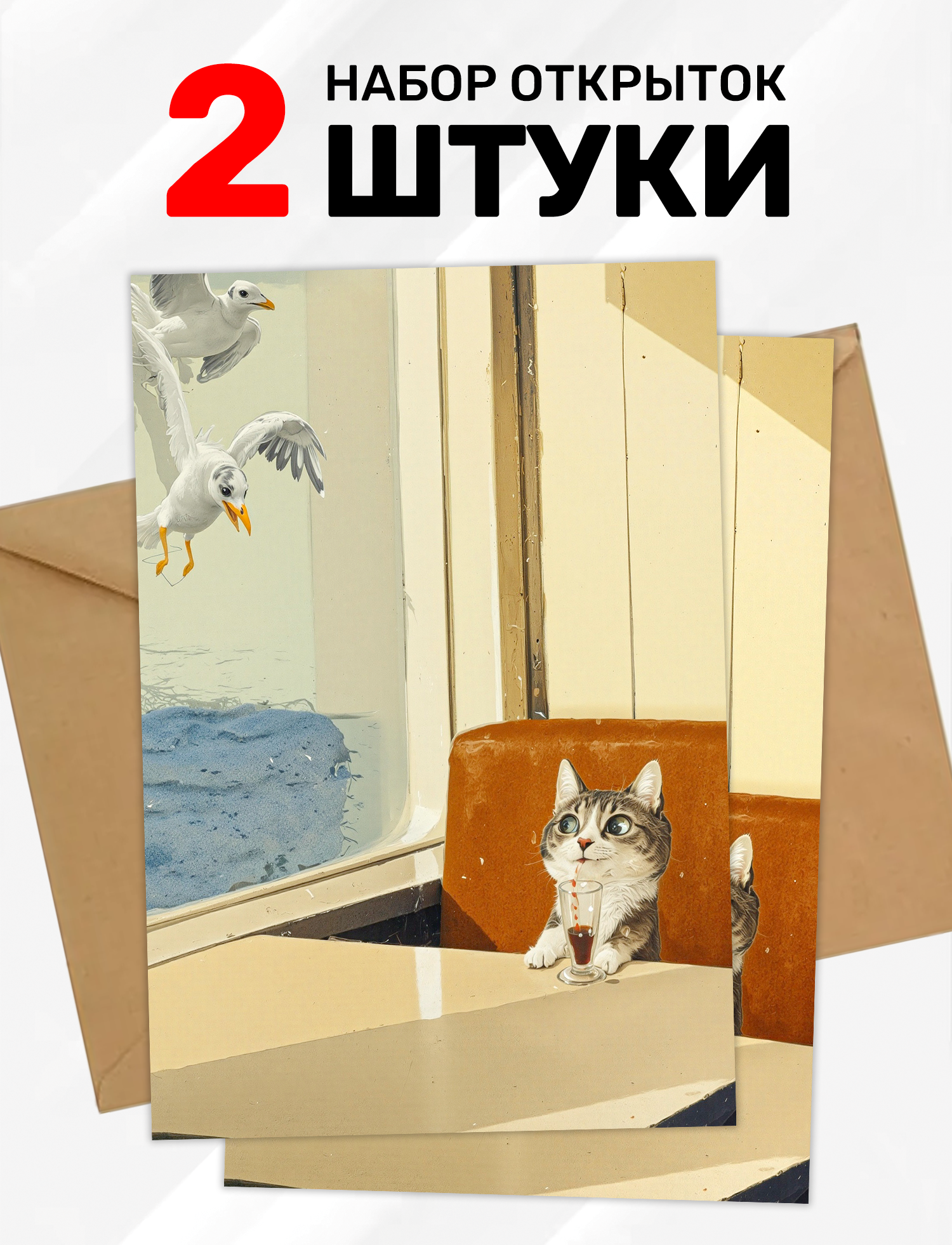 "Котик в кафе, лето" открытка (подходит под рамку 10х15см, плотная бумага, живопись)