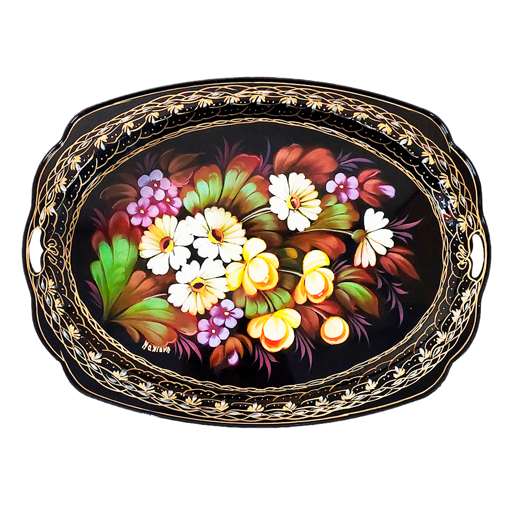 Поднос металлический, овальный, "Букет ромашек", жостово 40/30см.