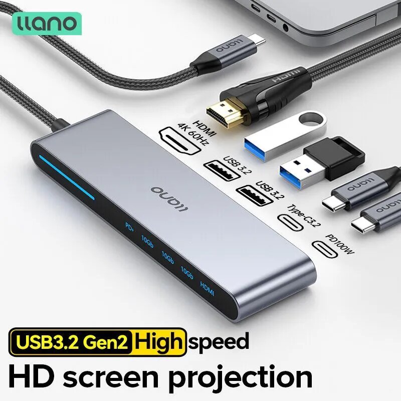Ллано 5 в 1 Док-станция с USB-C к USB/Type-C 3.2, HDMI 4K 60 Гц, Поддержка PD, Разветвитель, Адаптер 10 Гбит/с для Быстрой Передачи, Расширитель HUB