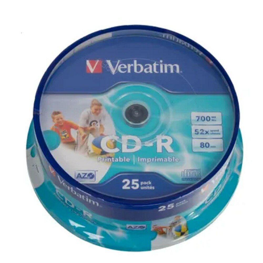 Оптический диск CD-R Verbatim CD-R диски 25 шт. Verbatim Printable InkJet 52-x 700Mb Cake Box (43439) CD-R