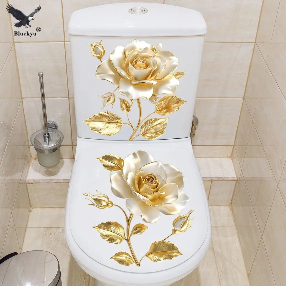 2 шт. Элегантный золотой цветок для ванной комнаты, туалета, наклейка на унитаз