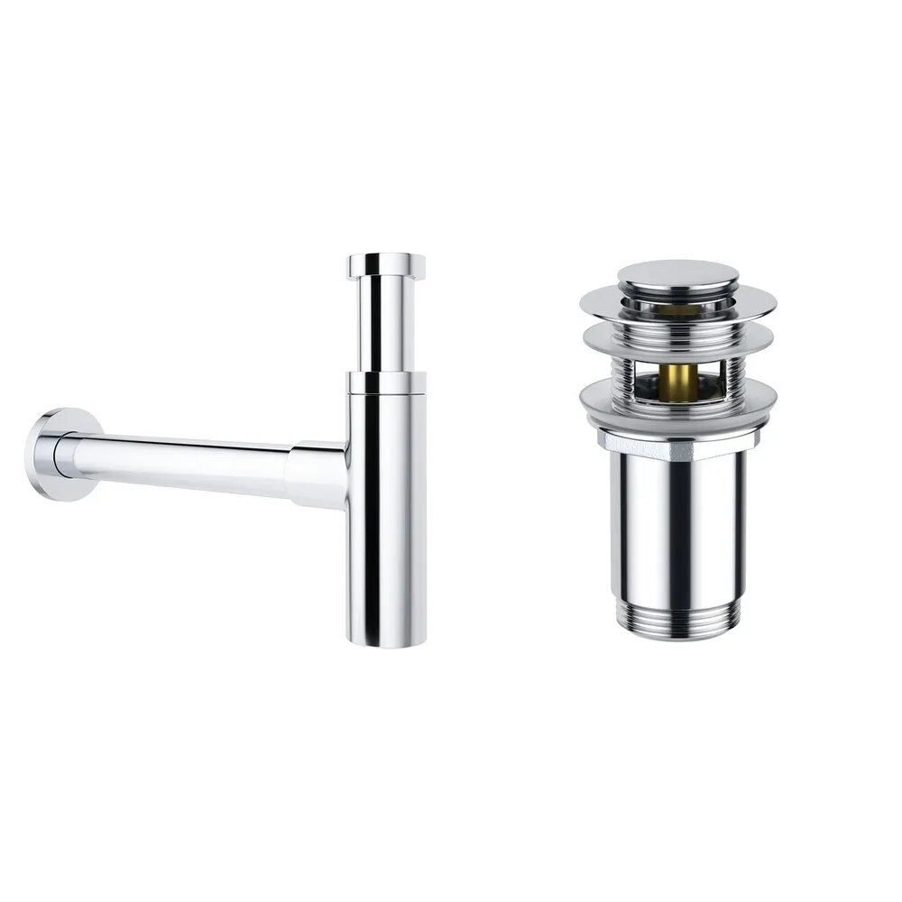 Сифон для раковины с донным клапаном Wellsee Drainage System 182119001 в наборе 2 в 1: металлический сифон для раковины, донный клапан с переливом click-clack (цвет набора хром)