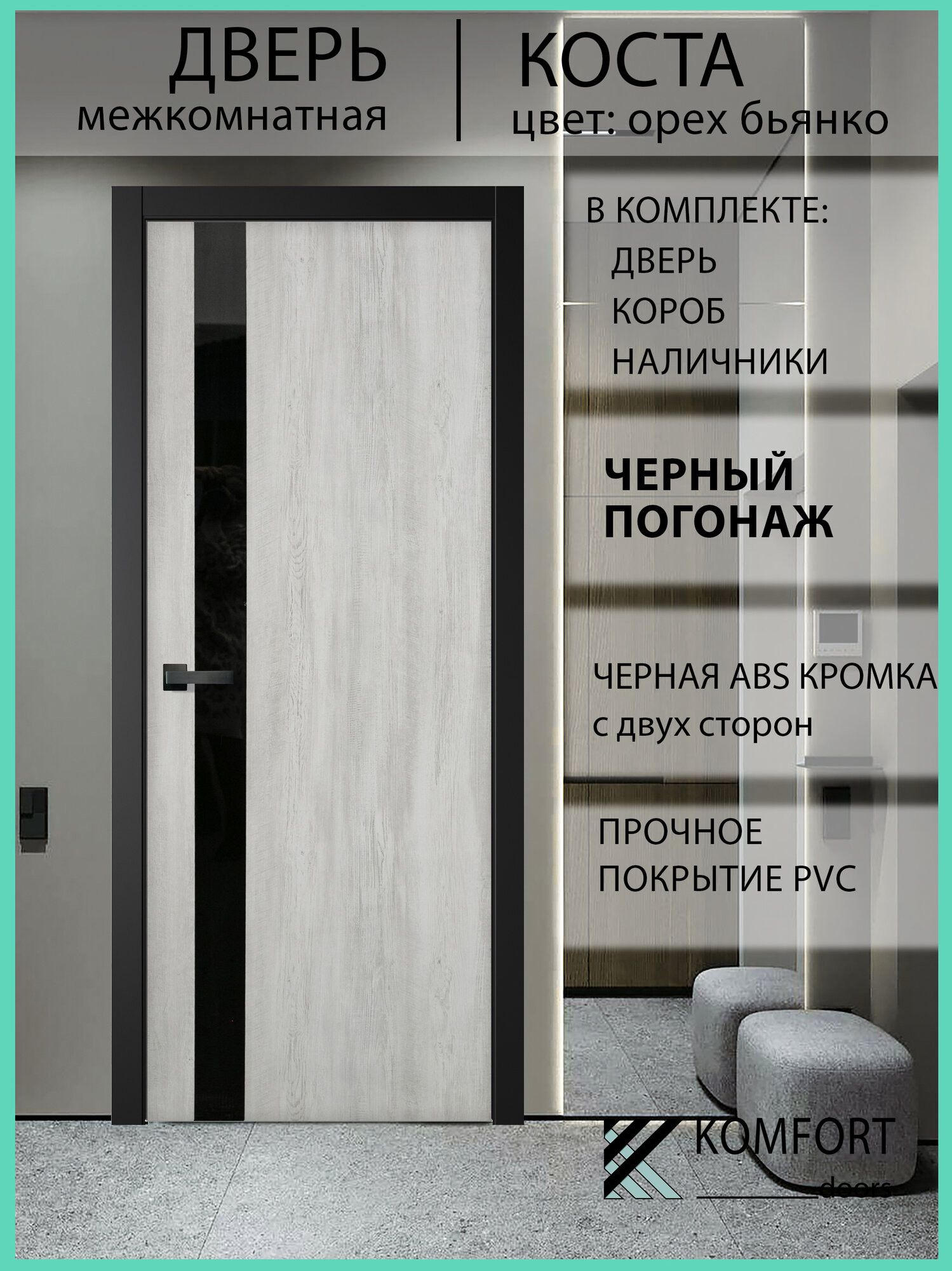 Дверь межкомнатная комплект с коробкой и наличниками Коста со стеклом, орех бьянко, 700х2000мм черный погонаж