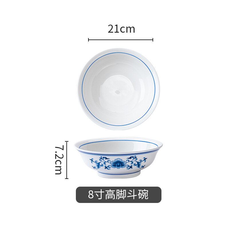 Сине-белая фарфоровая чаша на высокой ножке в форме трубы, чаша для рамена в китайском стиле, чаша для суповой лапши, суповая чаша для отелей, коническая чаша на высокой ножке, ресторанная посуда.