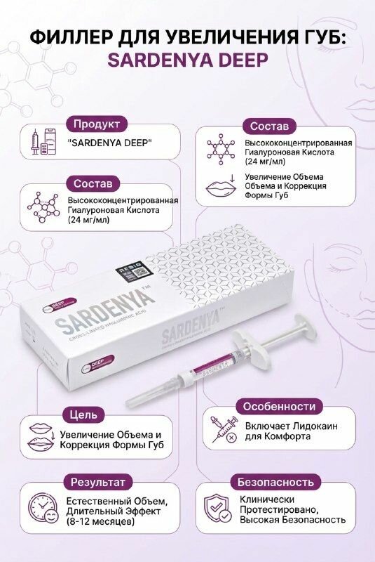 Sardenya Deep филлер для увеличения губ, заполнения морщин с лидокаином Сардиния дип,1 мл