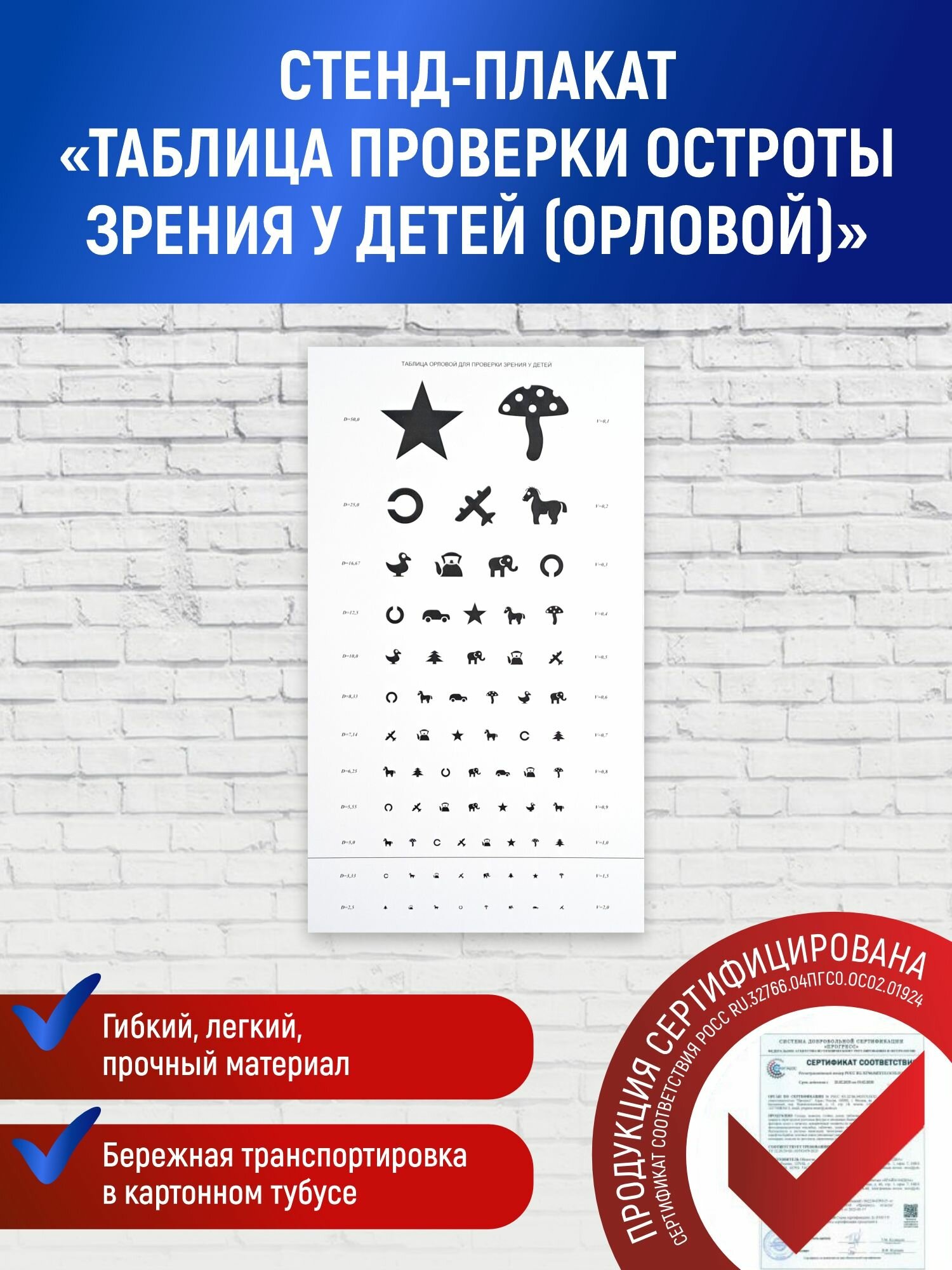 Таблица для проверки зрения Орловой/ таблица Орловой офтальмологическая, плакат 50х30 см, пэт + печать