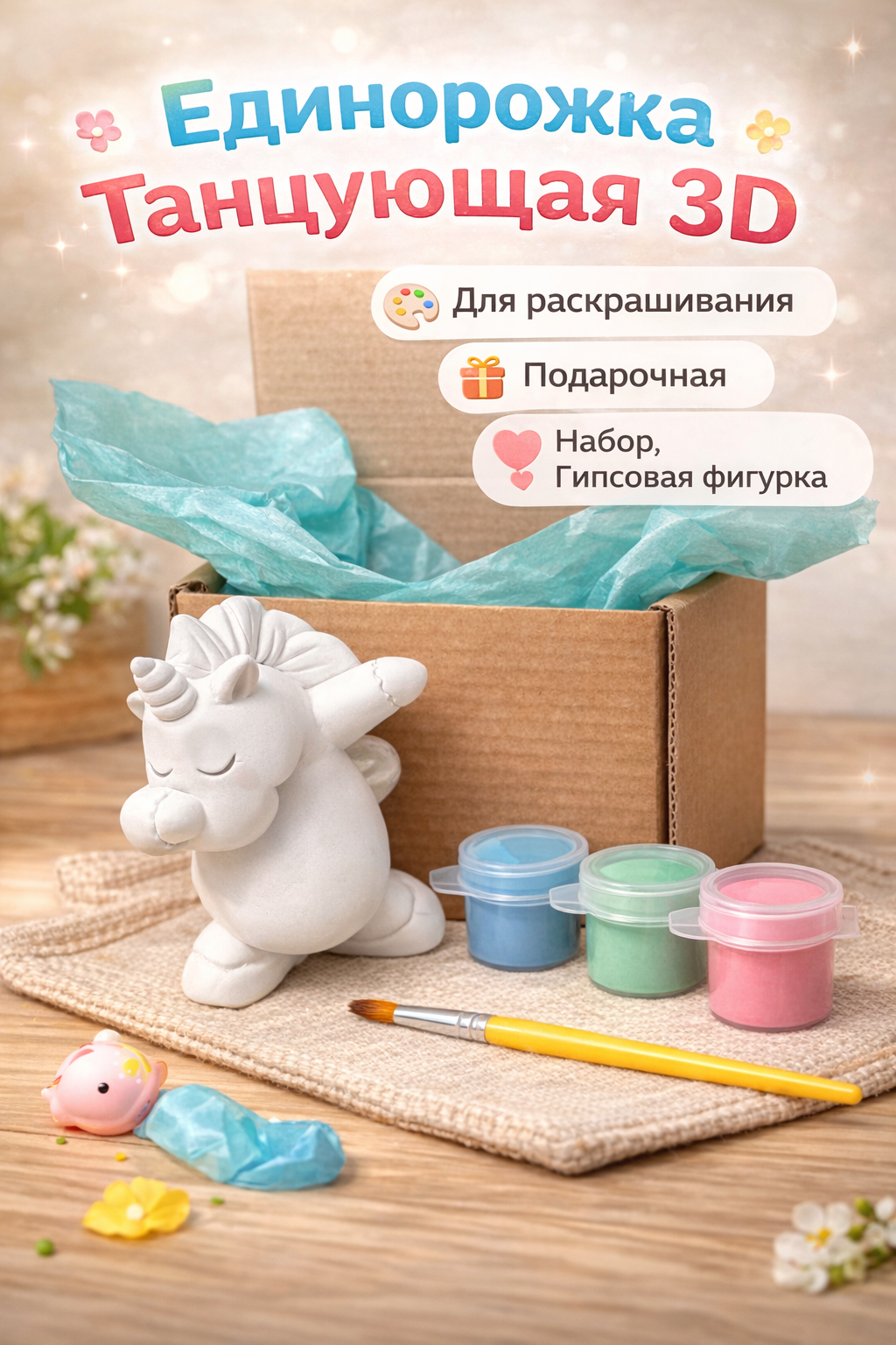 Единорожка Танцующая 3D, Подарочная, Для Раскрашивания, Набор, Гипсовая Фигурка, Три Акриловых Краски