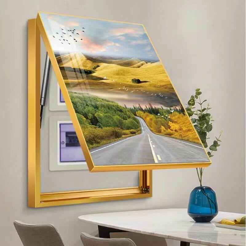 Декоративная картина для электрощита 30x40 см с гидравлической петлей и алюминиевой рамой (Золото/Черный) - Скрывает электрощит 20x30 см, без сверления, водонепроницаемая, для гостиной