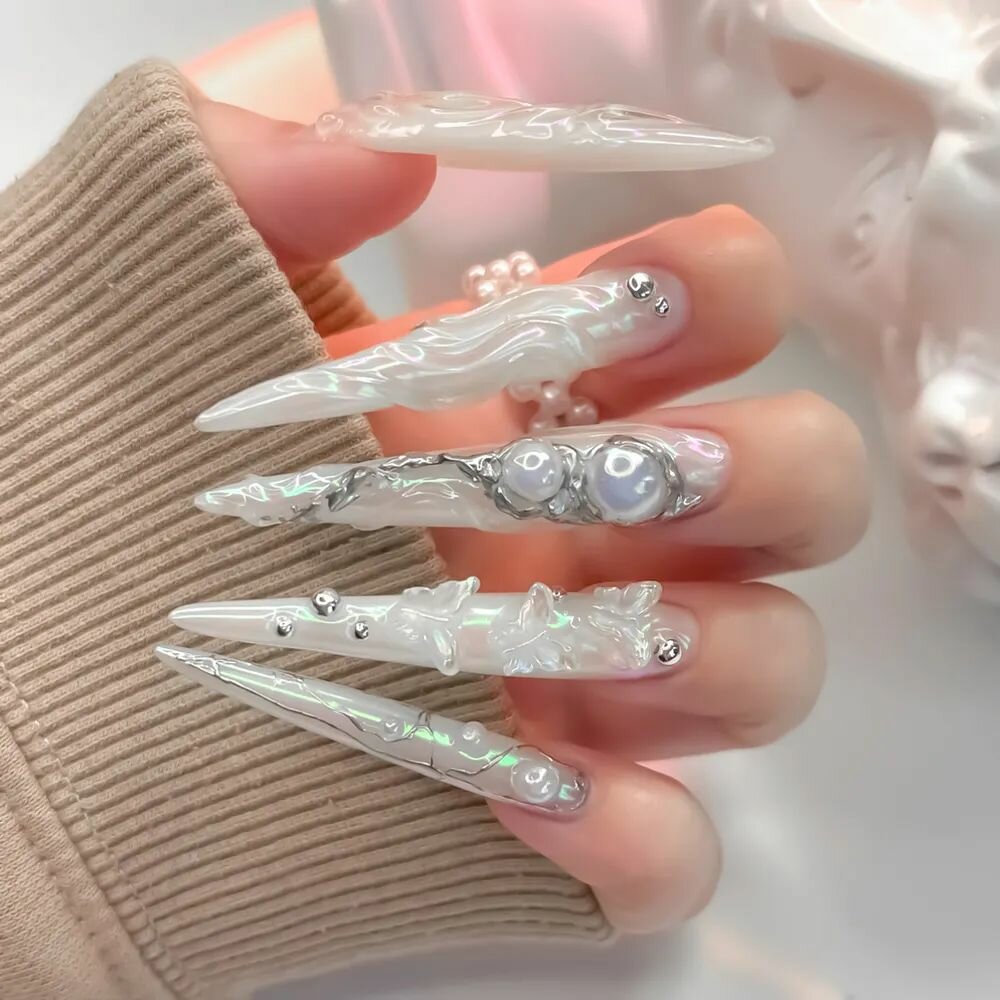 Длинные острые искусственные ногти с эффектом авроры и бабочкой, украшенные стразами, 24 шт.