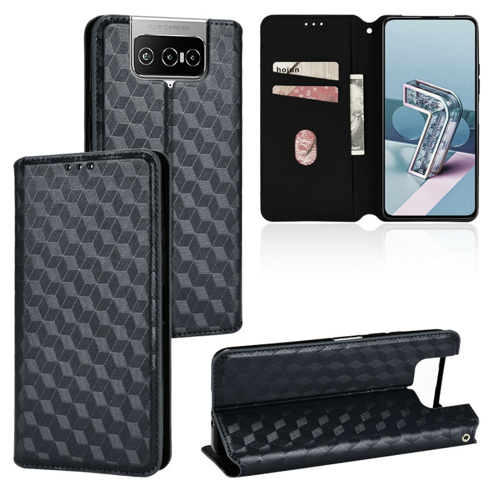 Чехол-книжка MyPads Elegante pattern Rombo для Asus Zenfone 8 Flip с 3D узором, магнитной крышкой, черный