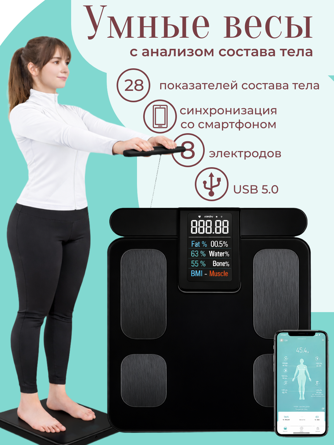Умные весы с технологией биоимпедансного анализа BIA / весы с анализатором состава тела, черные