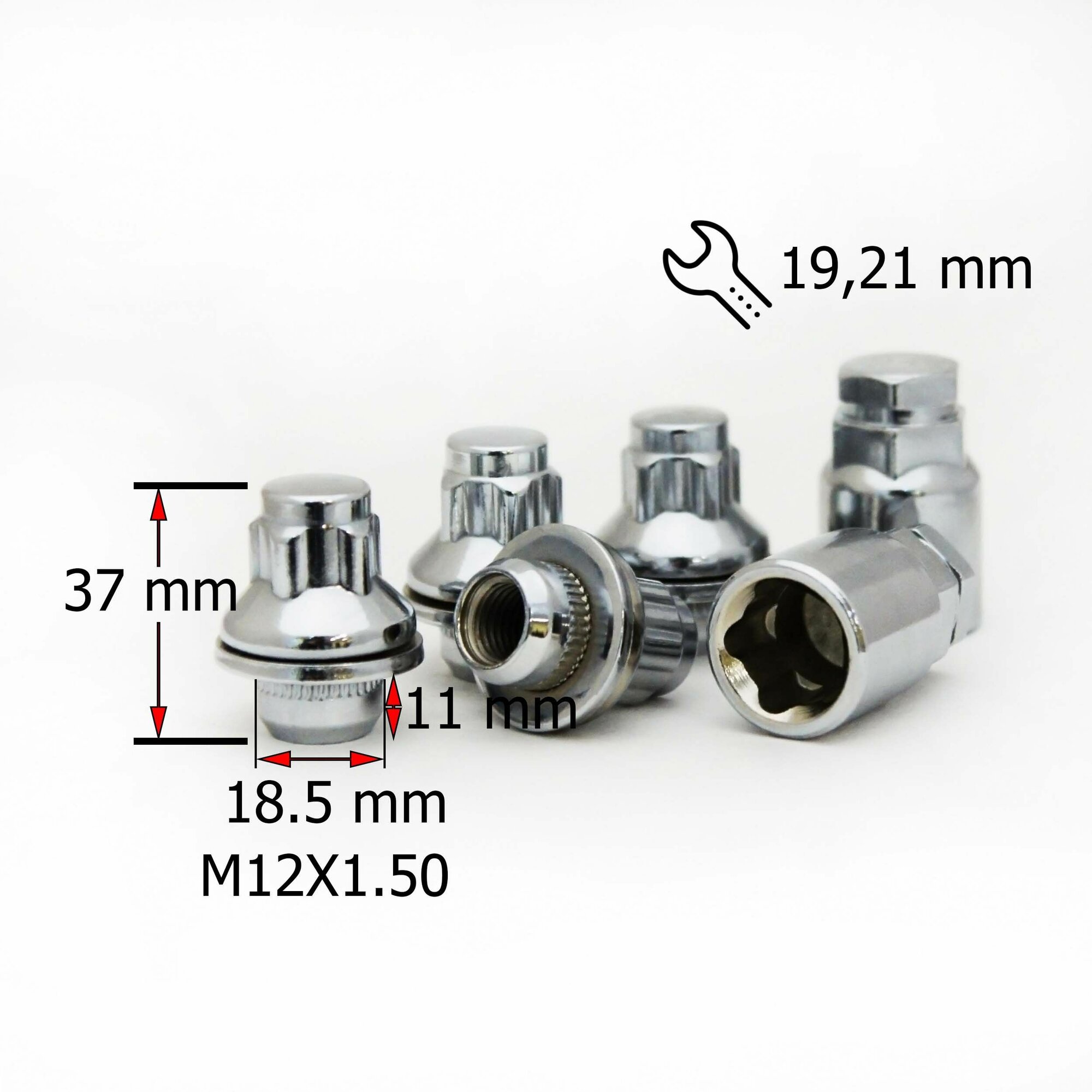 Комплект секретных гаек М12x1,5 высота 37 мм Прессшайба, носик 18,5 мм 5 лучей. 2 ключа