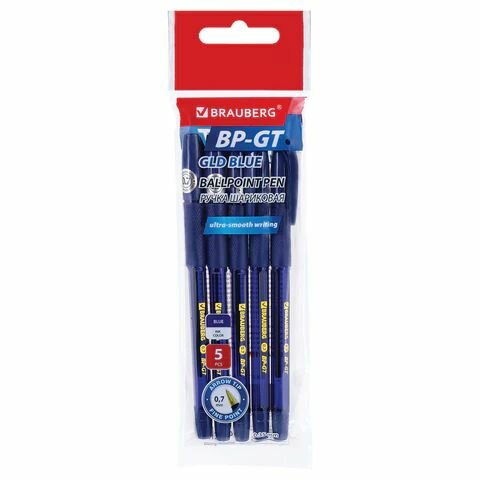 6 шт. Ручки шариковые BRAUBERG BP-GT GLD BLUE, набор 5 штук, синие, пишущий узел 0,7 мм, линия письма 0,35 мм, 144511