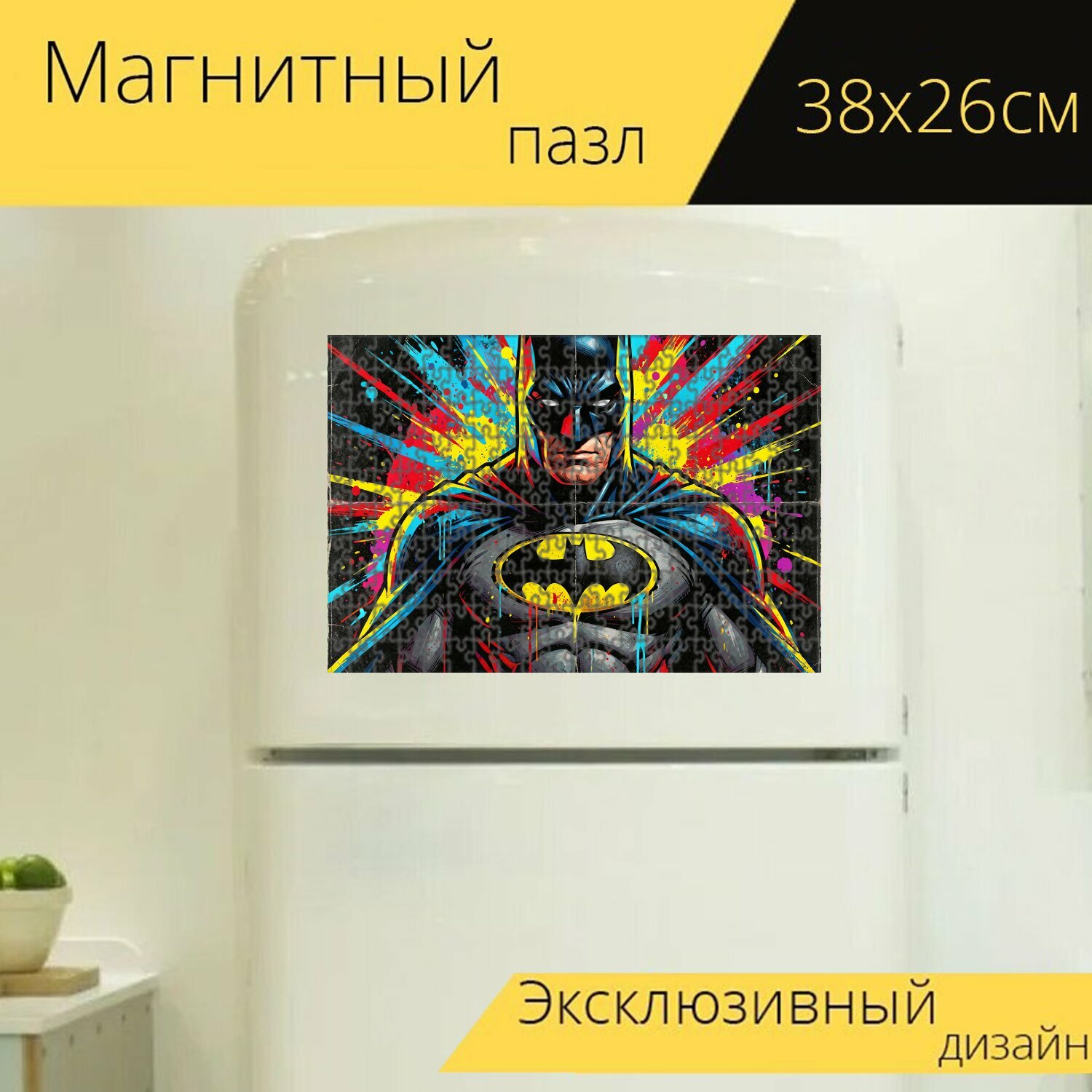 Магнитный пазл "Бэтмен в ярком поп-арт стиле. Мрачный супергерой в маске на фоне взрывных цветных брызг, неоновых мазков и контрастного черного фона." для интерьера, 38х26 см.