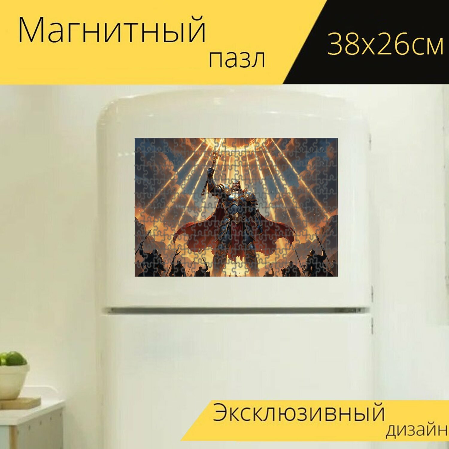 Магнитный пазл "Воин света с небесным мечом. Эпическая фэнтези-сцена: могучий рыцарь в синей броне и красном плаще держит сияющее копьё под огненным." для интерьера, 38х26 см.