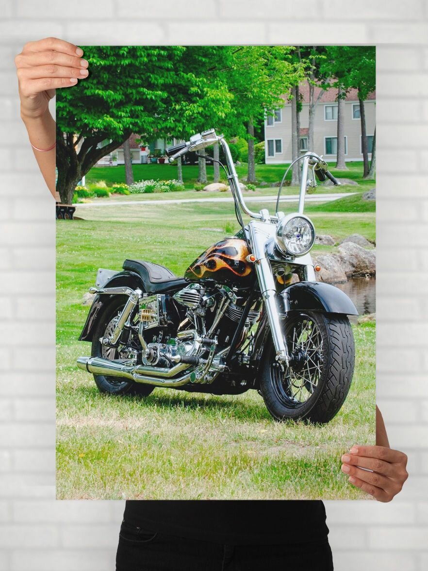 Плакат на стену для интерьера Авто и Мото (Харлей Дэвидсон Шавелхед FL - Harley Davidson Shovelhead FL) - Постер по транспорту формата A1 (61x84 см)